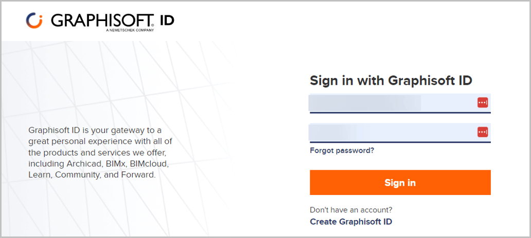 Graphisoft ID -Ny bruker eller glemt passord